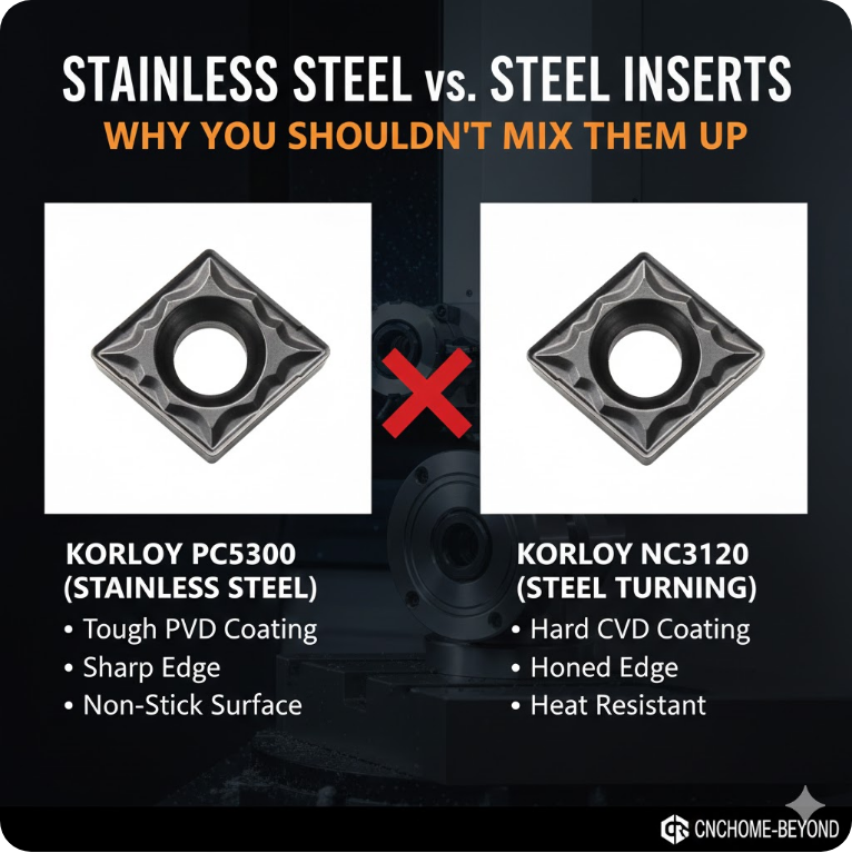 Stainless Steel vs Steel Turning Inserts Guide | PC5300 vs NC Grades – BEYOND